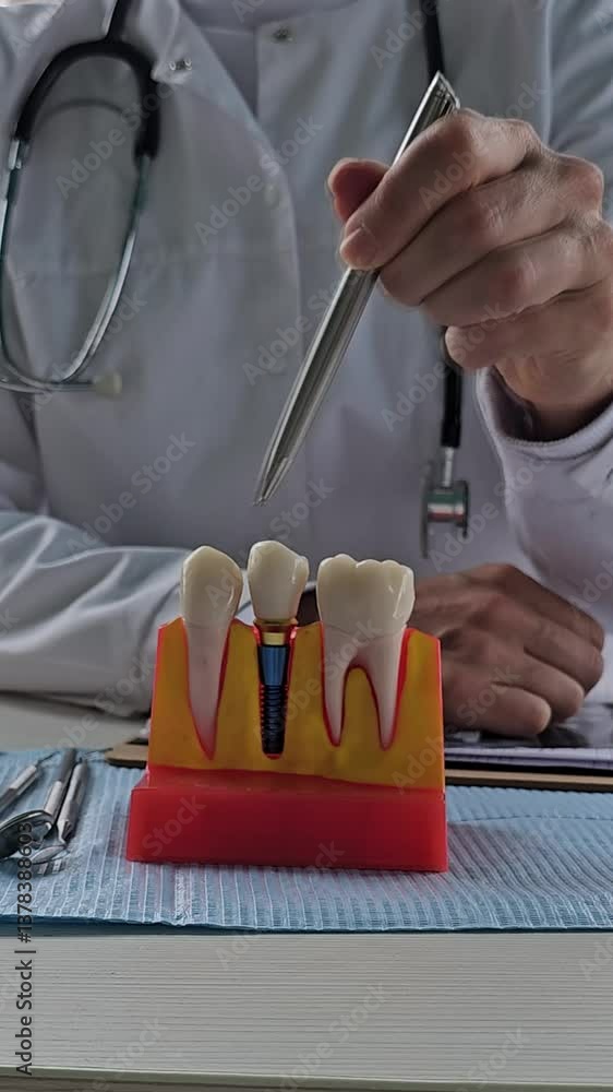 Doctor holding dental implant, artificial teeth roots in jaw, root ...