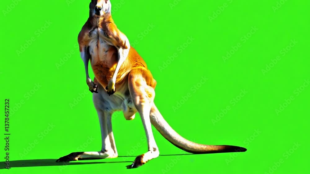Red kangaroo mid-jump green background muscular physique powerful hind ...
