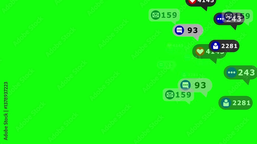 Incoming message, heart react and contact icon animated on a green ...