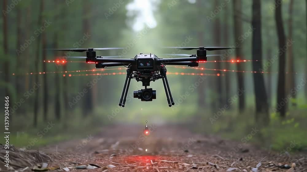 Professional drone equipped with a lidar sensor scanning a forest path ...