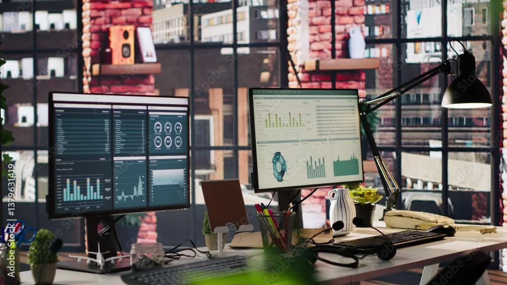 Computer monitors on office desk showing data analytics dashboards and performance charts. PC ...