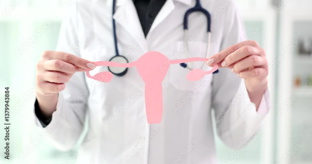 Gynecologist in light coat demonstrates paper image of uterus. Woman ...
