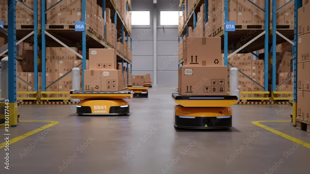 Autonomous AGV robots transporting cardboard boxes in an automated ...