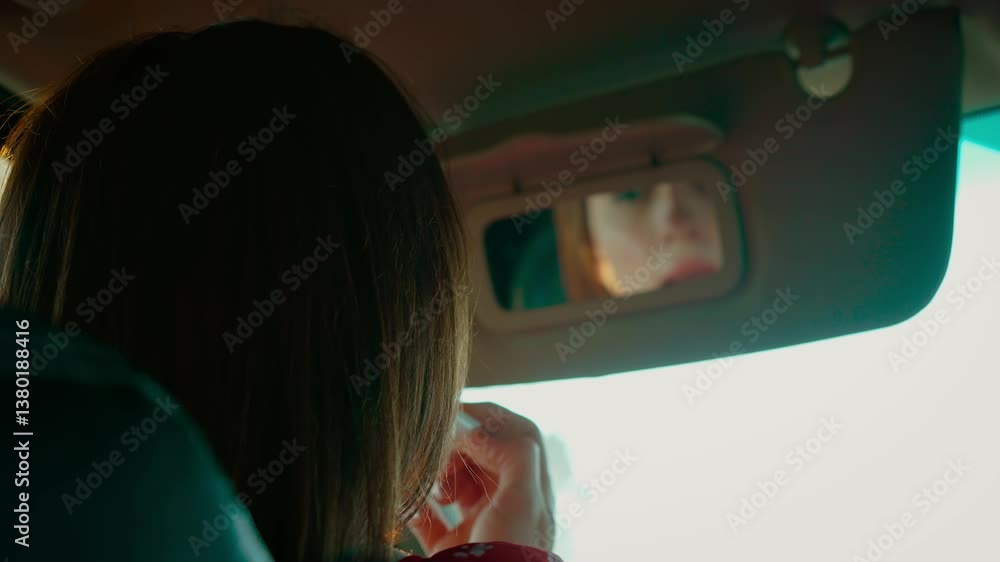 Charming busy woman applying lipstick while glancing into car visor ...