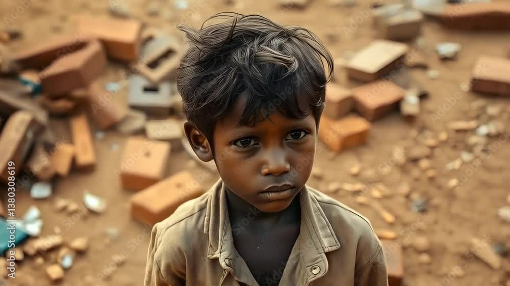 Forced child labor, a sad young black boy has to work building with ...