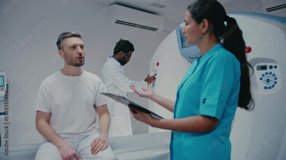 Male patient sitting on MRI table explaining issue, gesturing with lips ...