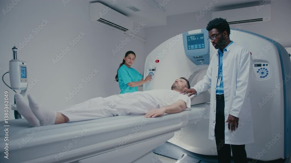 Thoughtful doctor standing beside scanner gently touching patient ...