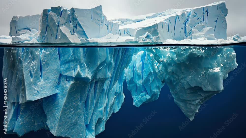 Massive iceberg cross-section floating in deep blue ocean showing small ...