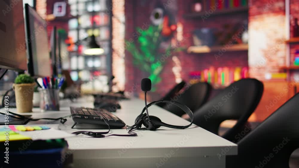 Multiple computer monitors in empty office displaying analytics dashboards and data charts ...