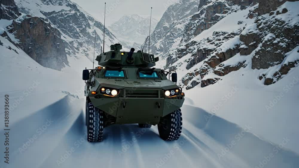 Military armored vehicle with mounted turret crosses shallow mountain ...