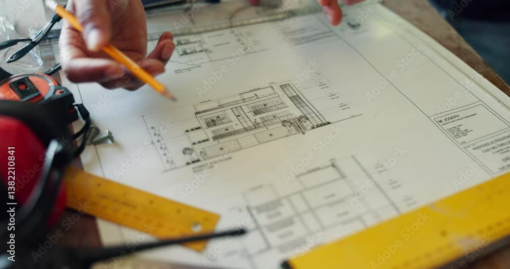 Hands, architect and blueprint with drawing for construction layout ...