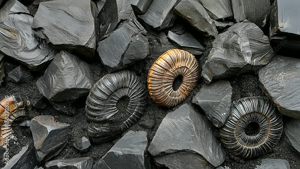 A pile of fossilized ammonites and trilobites partially embedded in ...