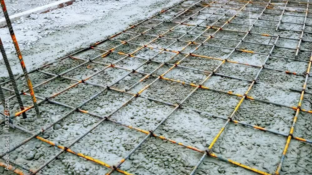 Construction site showing a reinforced concrete slab framework with ...