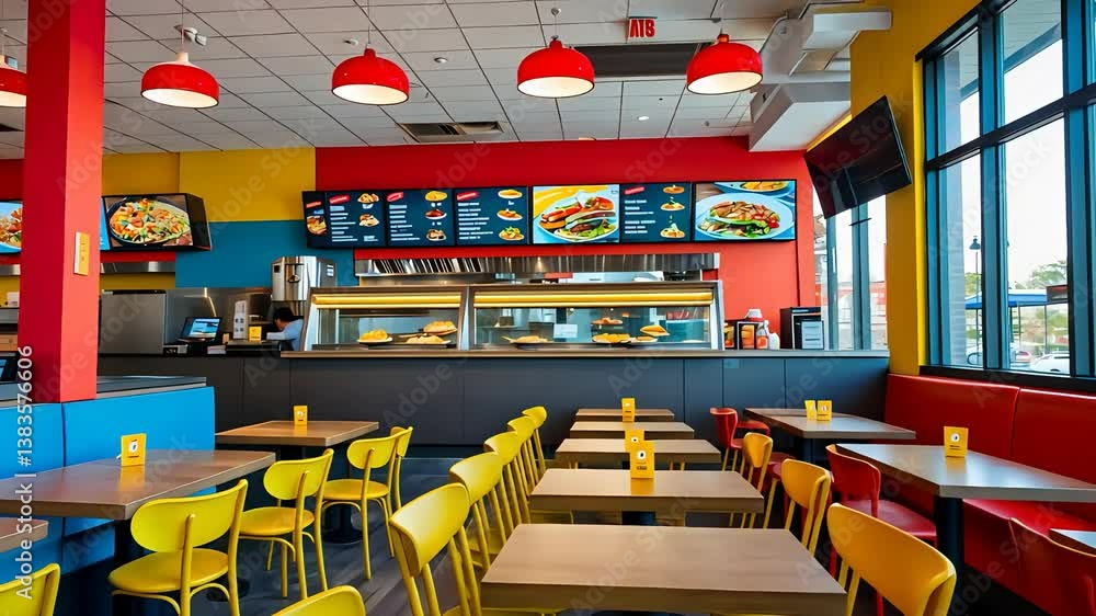 Colorful fast food restaurant interior with red yellow chairs, blue ...