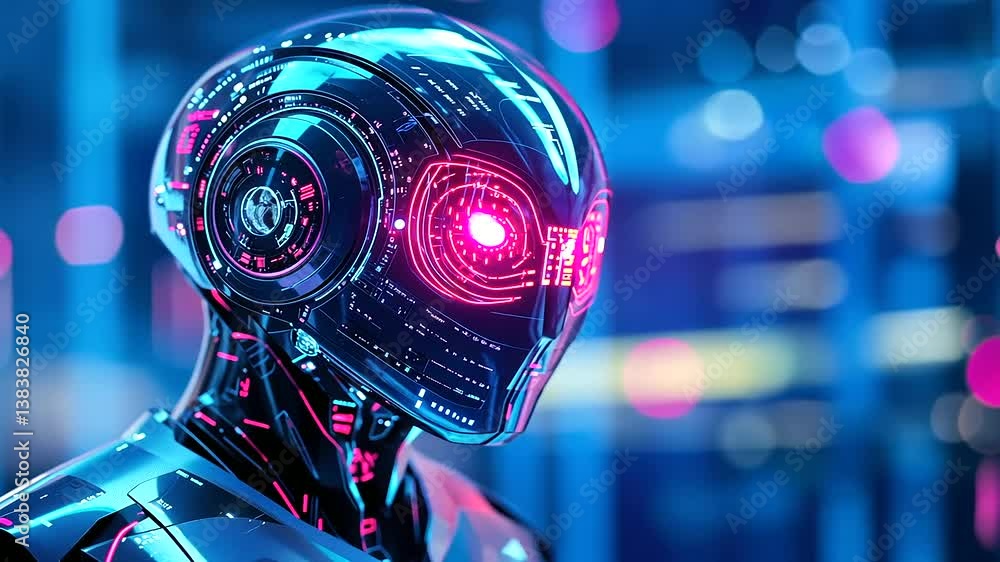 A hyper-realistic humanoid robot with a radiant, colorful display on ...