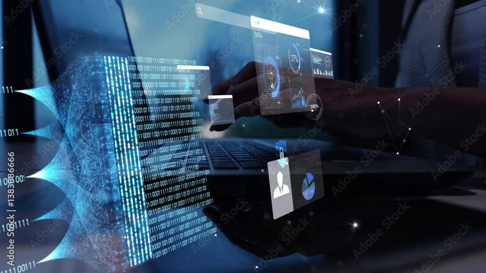 woman analyst uses a computer AI artificial intelligence and dashboard ...