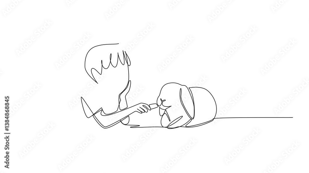 Animated self drawing of single one line drawing boy prone to feeding ...