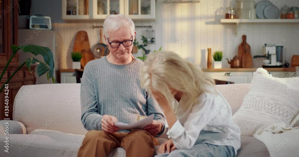 Poor elderly people counting salary and pension benefits, old woman ...