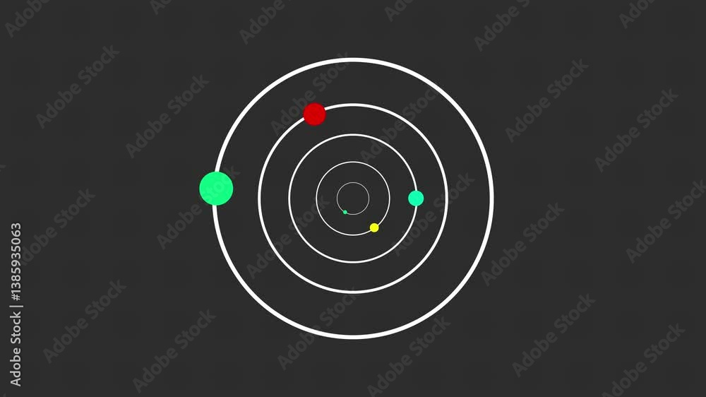 Atomic model diagram, solar system concentric white circles, colorful ...