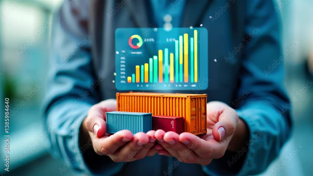 Hands holding shipping containers with digital analytics dashboard ...