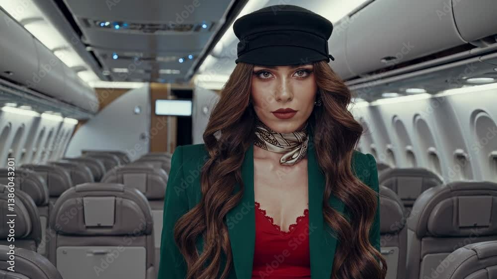 Professional flight attendant wearing tailored uniform and distinctive ...