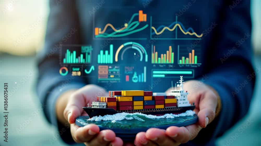 Hands holding cargo container ship with digital analytics dashboard projected in background ...