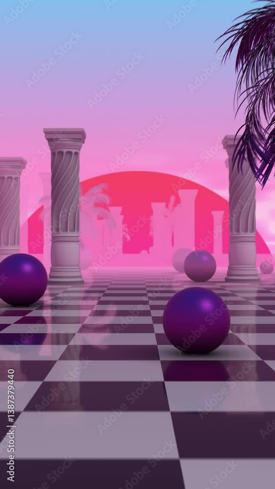 4K Retro background with checkerboard floor, columns and purple sky. 3D ...