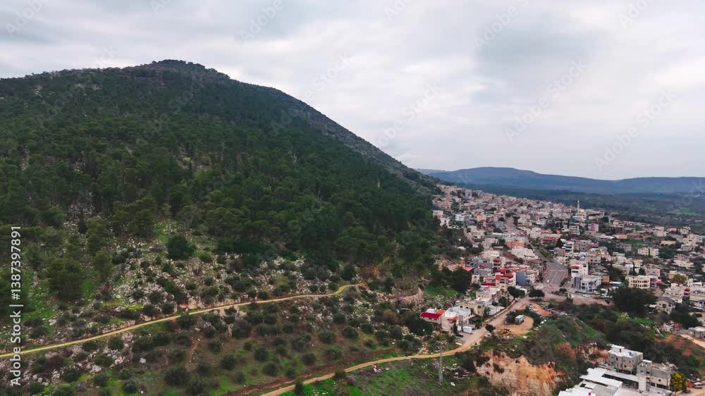 Majestic aerial view of Mount Tabor in northern Israel, showcasing its ...
