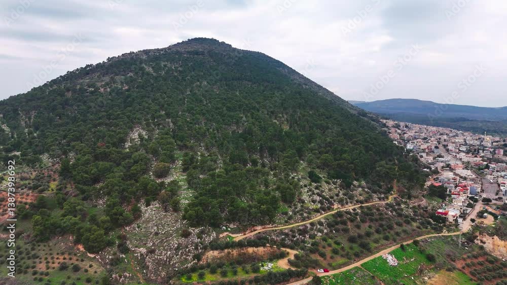 Majestic aerial view of Mount Tabor in northern Israel, showcasing its ...