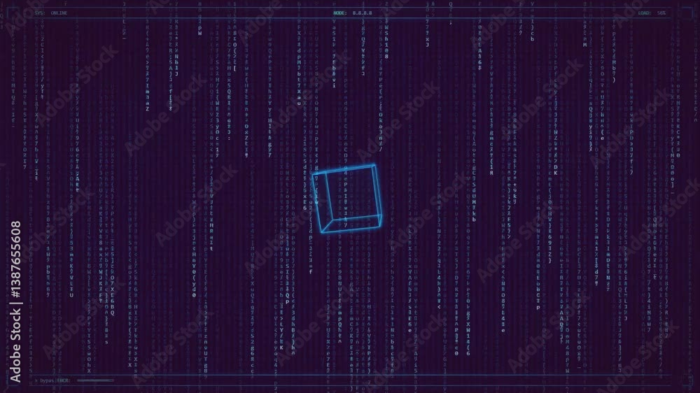 Retro hacker UI simulation. Features digital code rain, a rotating ...
