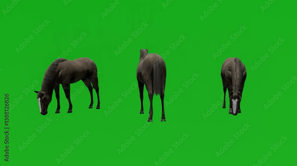 A realistic green screen render of 3d horse on green screen, people ...