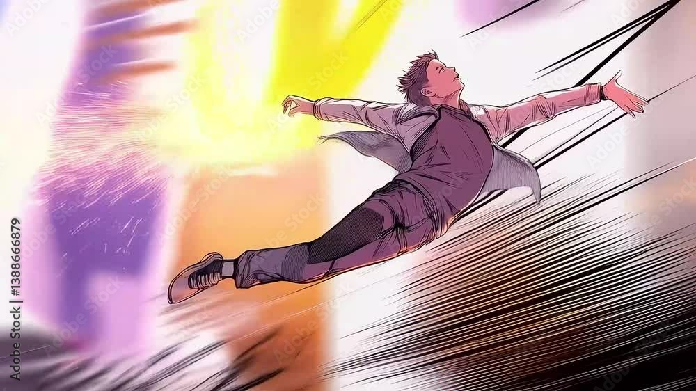 Anime character floats backwards, arms wide, towards bright light with ...