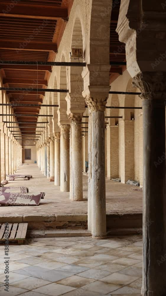 Long corridors under vaulted ceiling in ancient mosque of Kairouan in ...