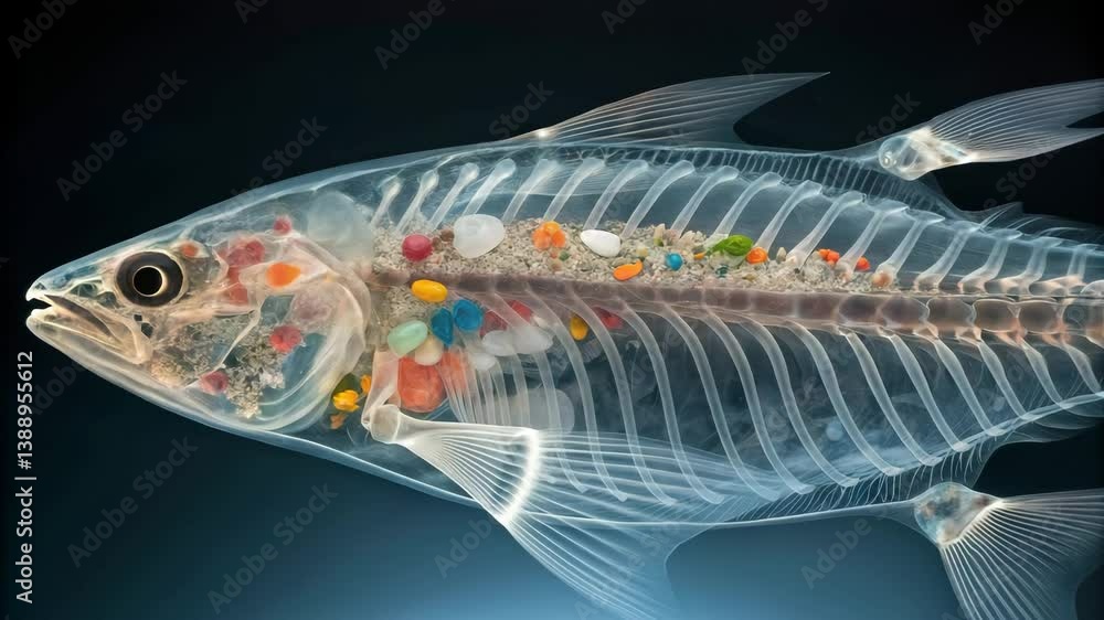 Microplastic pollution concept. An x-ray image of a fish displaying its ...