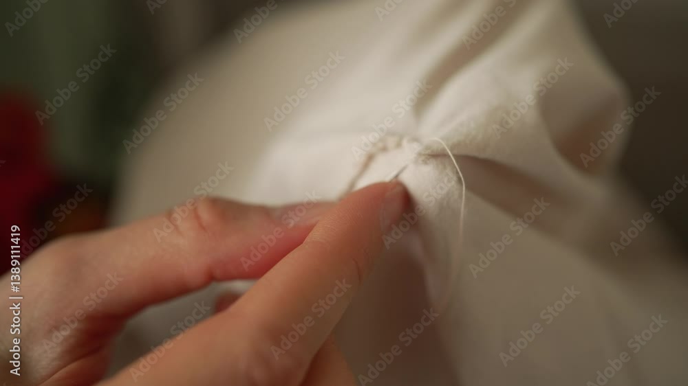 Experienced seamstress carefully gathering fabric with precise hand ...
