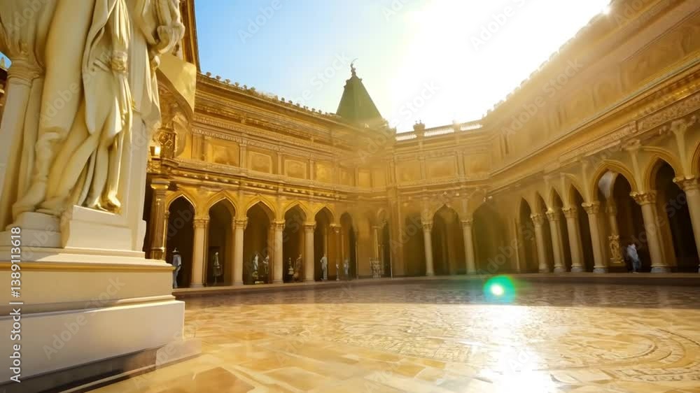 Sunlit Courtyard with Classical Statue and Golden Architecture Stock ...