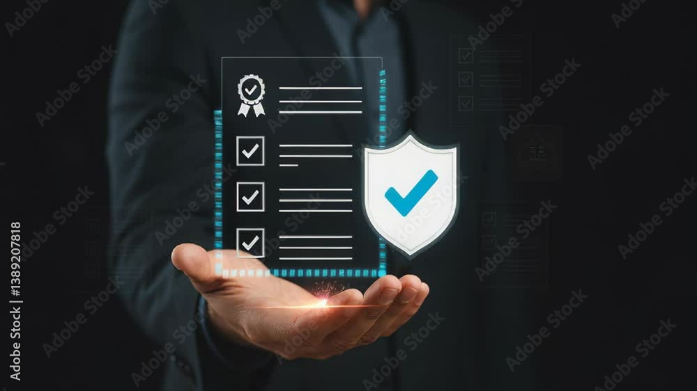 Hand presenting transparent checklist with shield icon indicating ...