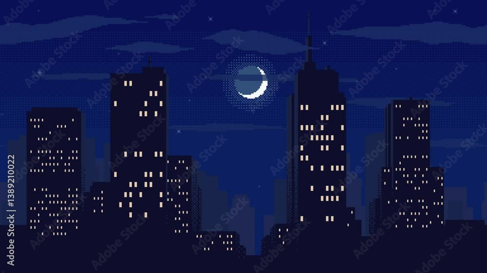 Night time cityscape pixel animated background. High buildings ...