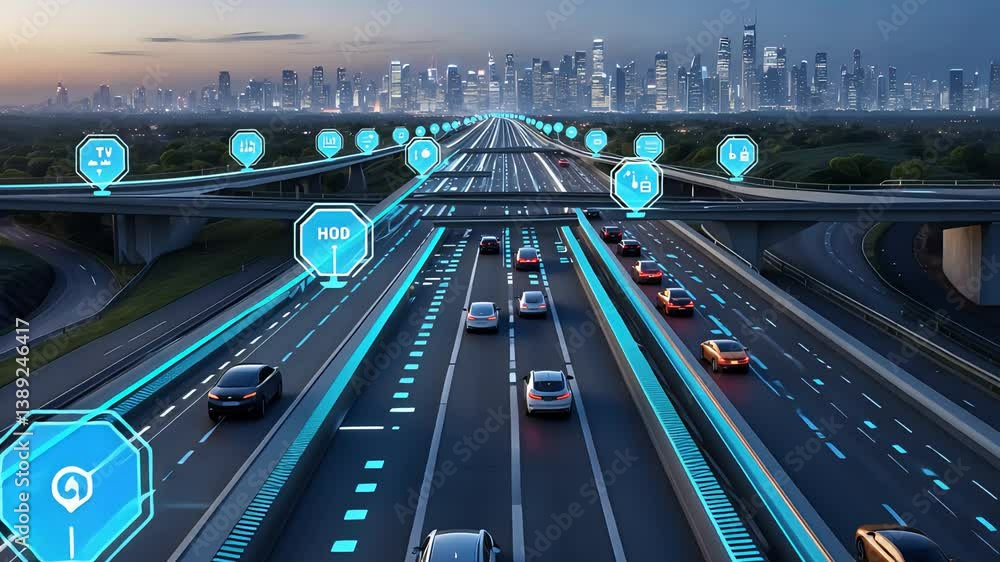 Futuristic smart highway with digital road signs and navigation data ...