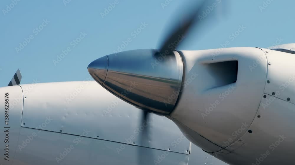 Close-up view of rotating propeller engine of twin turbo light airplane ...