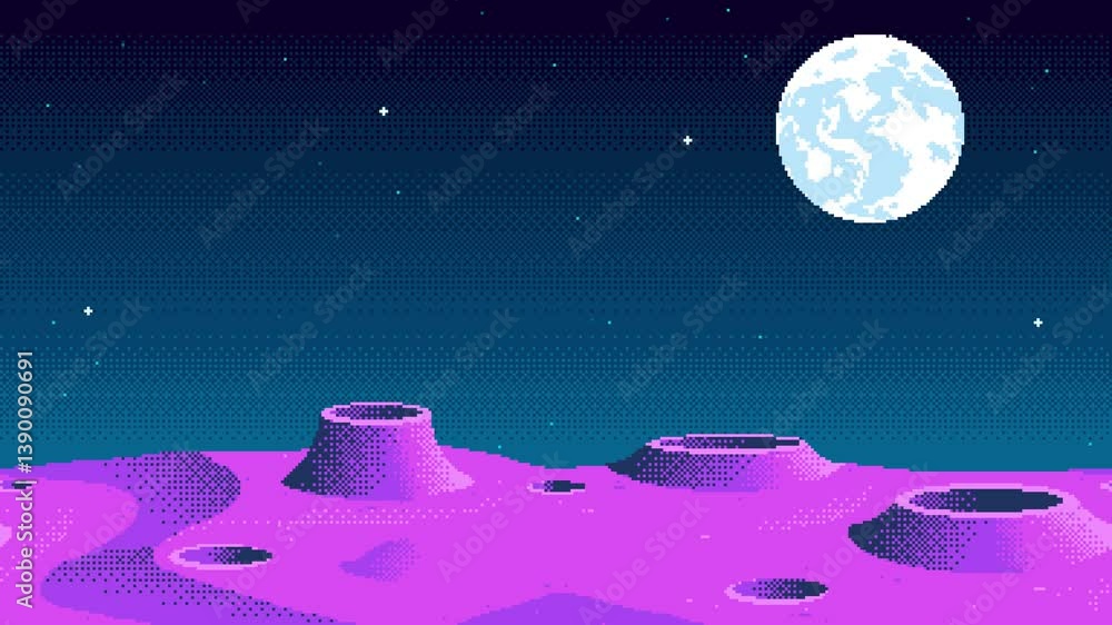 Looping animation of pixel art planet surface with craters background ...