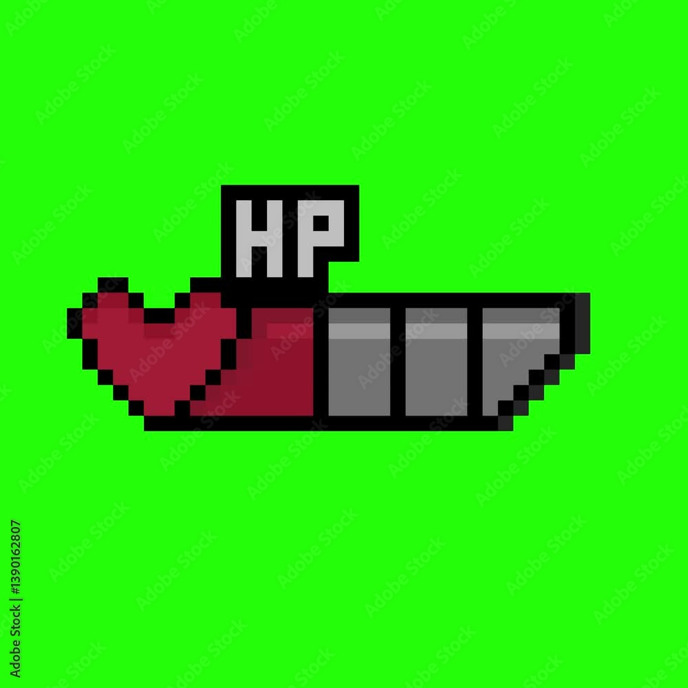 Pixel Heart HP Bar Animation in green screen, Health Increasing, Retro ...