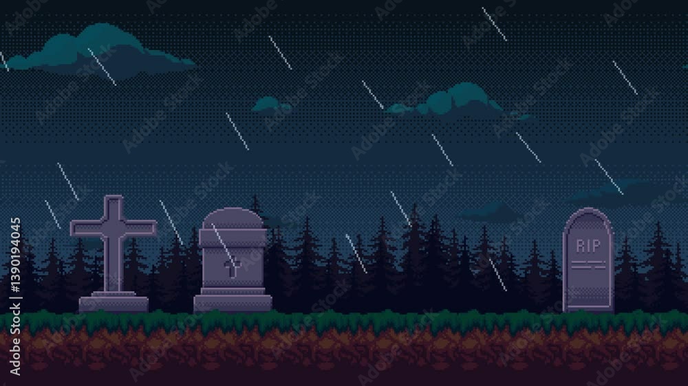 Pixel art animated graveyard landscape. Cemetery on a rainy night with a thunderstorm ...