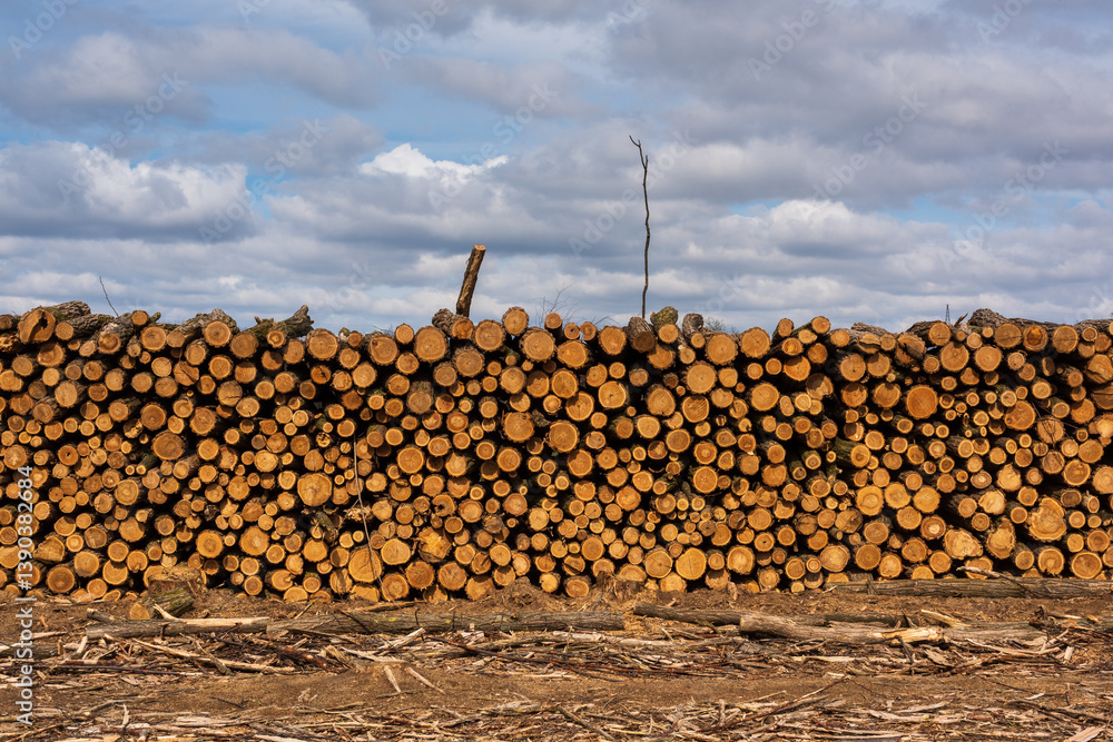 Poster The remains of a cleared area of deforestation with cut and ...