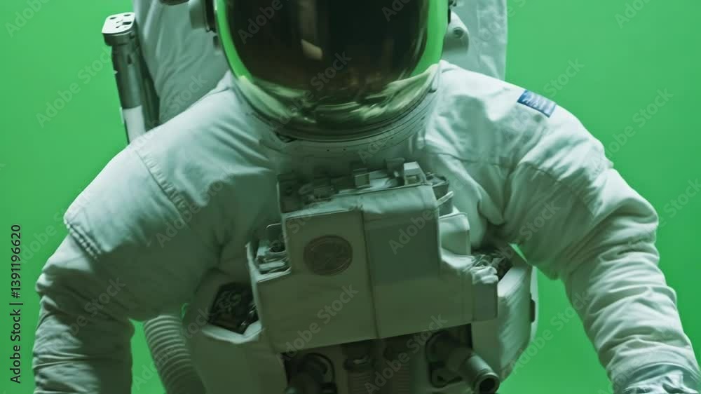 Astronaut wearing a spacesuit and helmet points their finger forward ...