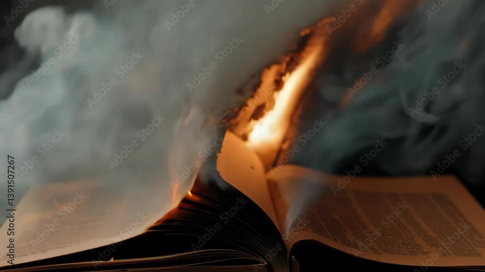 The burning book with flames and smoke creates a dramatic and symbolic ...
