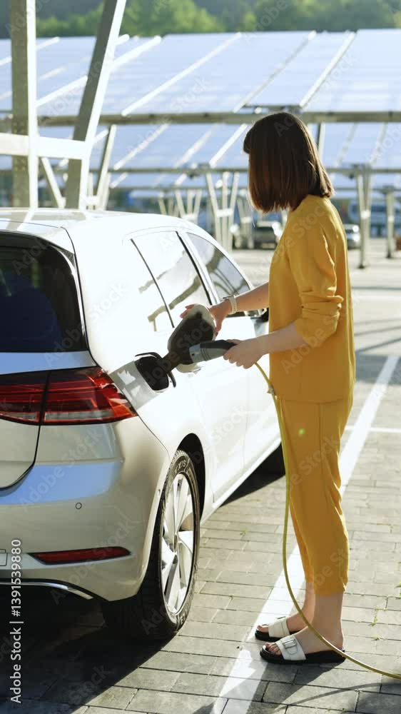 Vertical Format Video of woman unplugging electric car cable. Girl ...