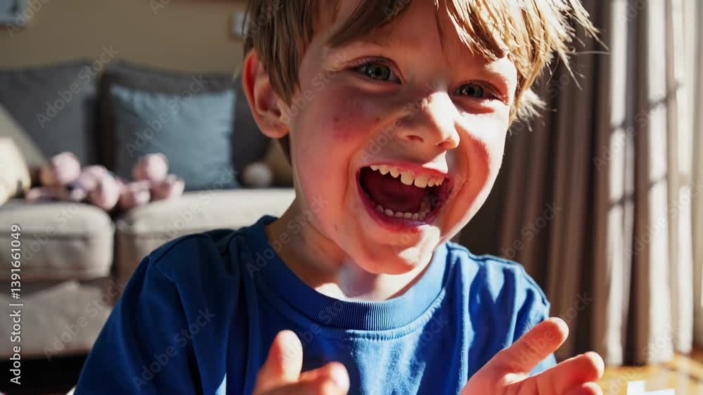 Enthusiastic boy displaying intense excitement, wide open mouth, raised ...