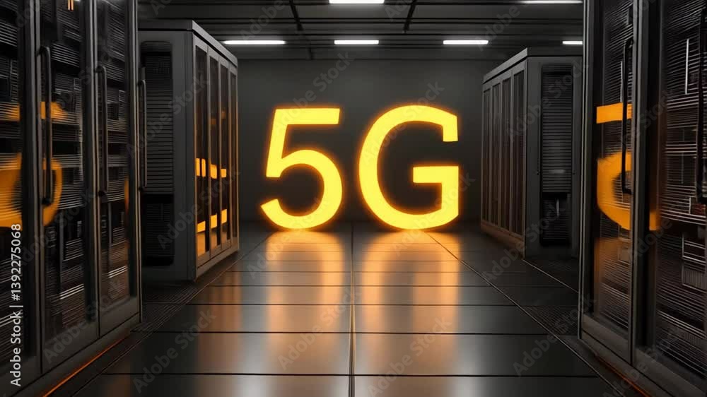 Large illuminated 5G sign stands between rows of advanced server racks ...