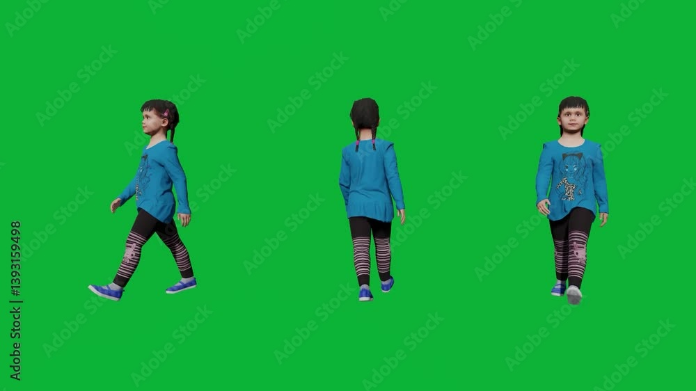 A realistic green screen render of Cute little girl walking side by ...